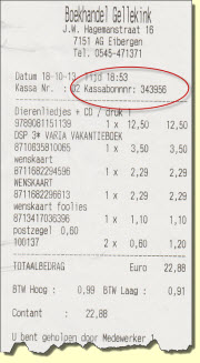 Hier het voorbeeld van een kassabon met het nummer