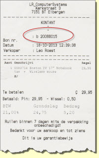 Hier het voorbeeld van een kassabon met het nummer