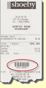 Hier het voorbeeld van een kassabon met het nummer